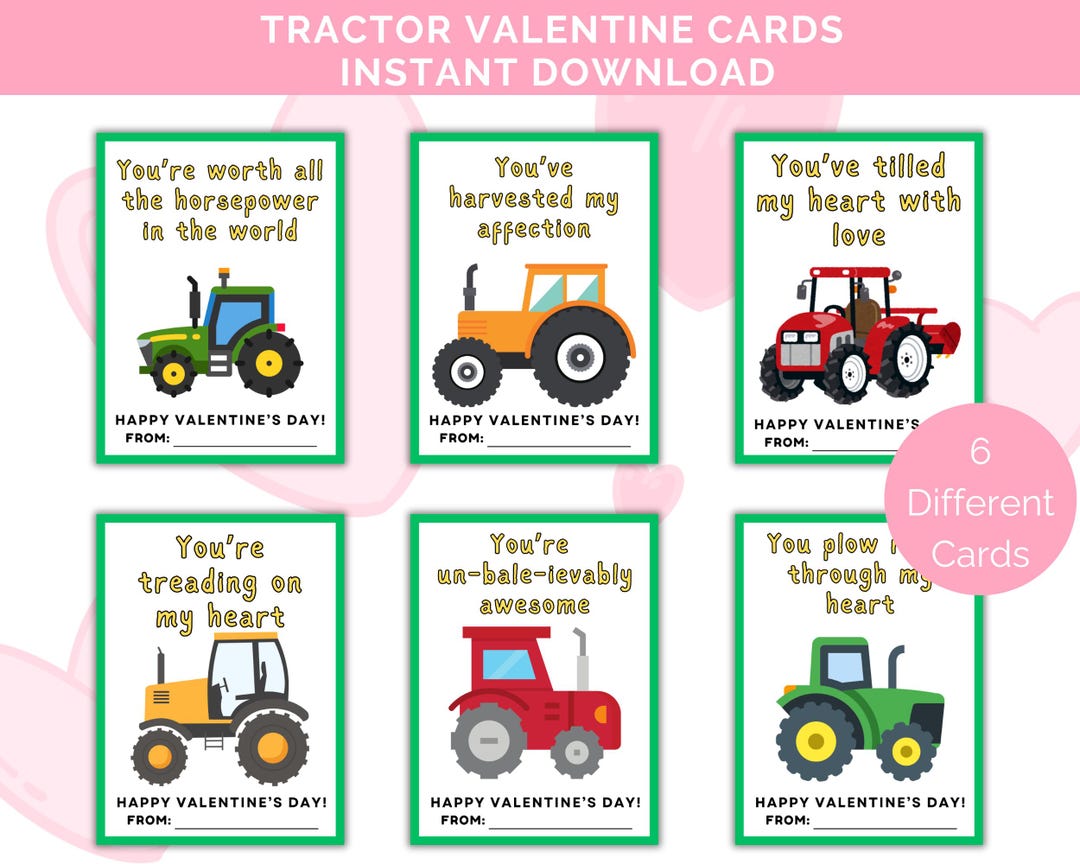 Tractor Valentine Cards, 6 Printable Tractor Valentines for Kids, Boy ...