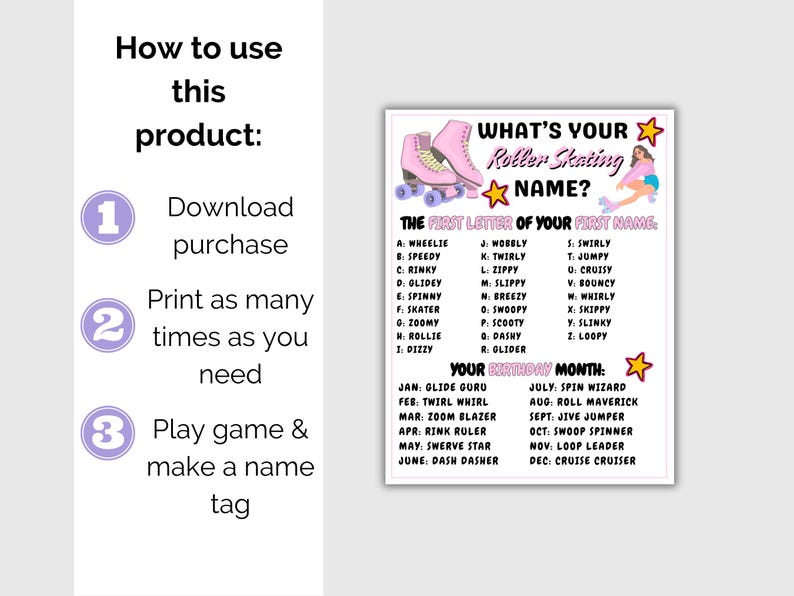 What's Your Roller Skating Name Game + Name Tags, Printable Skating ...