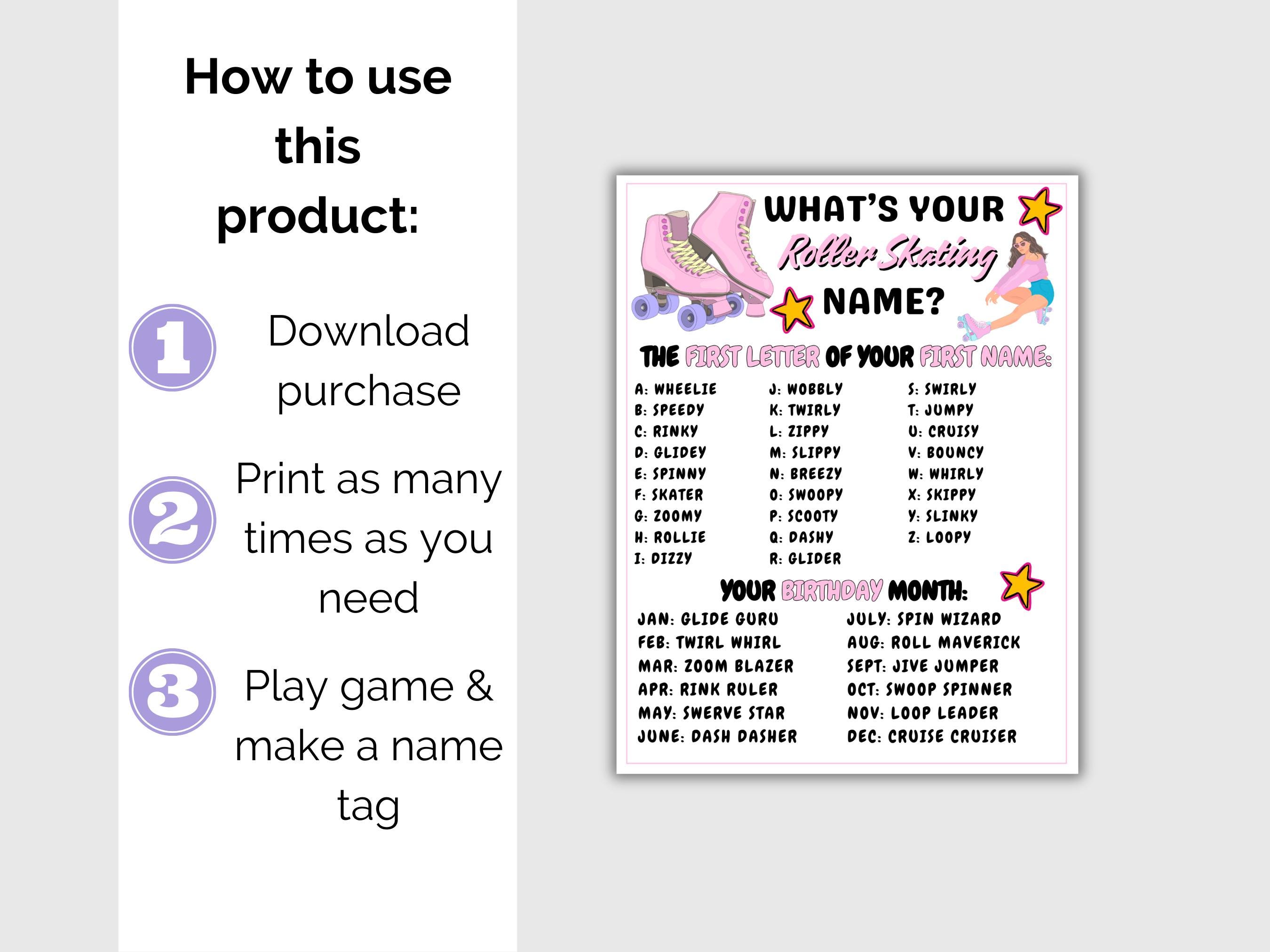 What's Your Roller Skating Name Game + Name Tags, Printable Skating ...