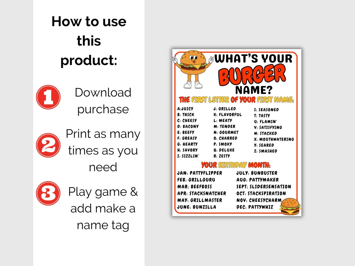 What's Your Burger Name Game + Name Tags, Burger Day Activity, Burger ...