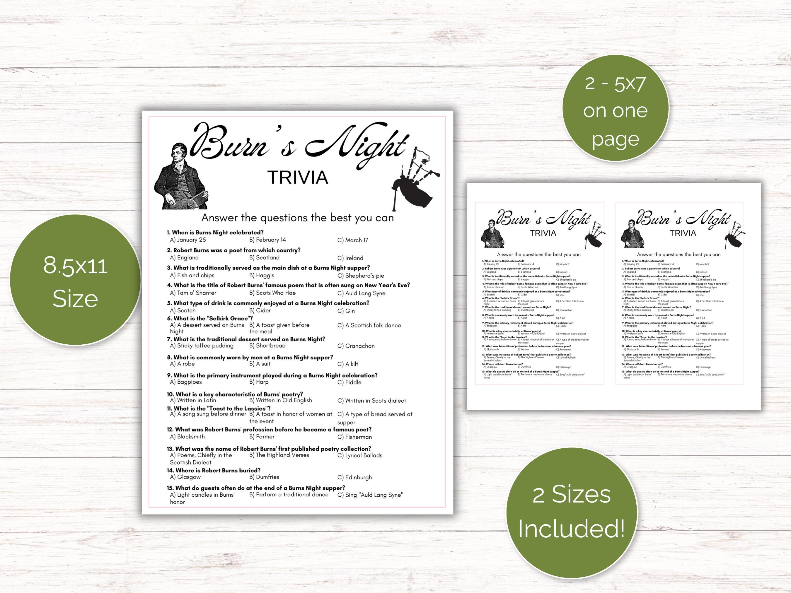Burns Night Trivia Game, Printable Burns Night Quiz, Burns Night Party ...