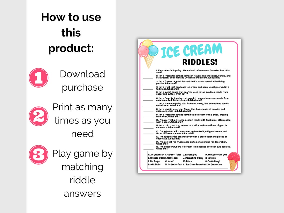 Ice Cream Riddles, Ice Cream Social Game, Ice Cream Birthday Activity ...