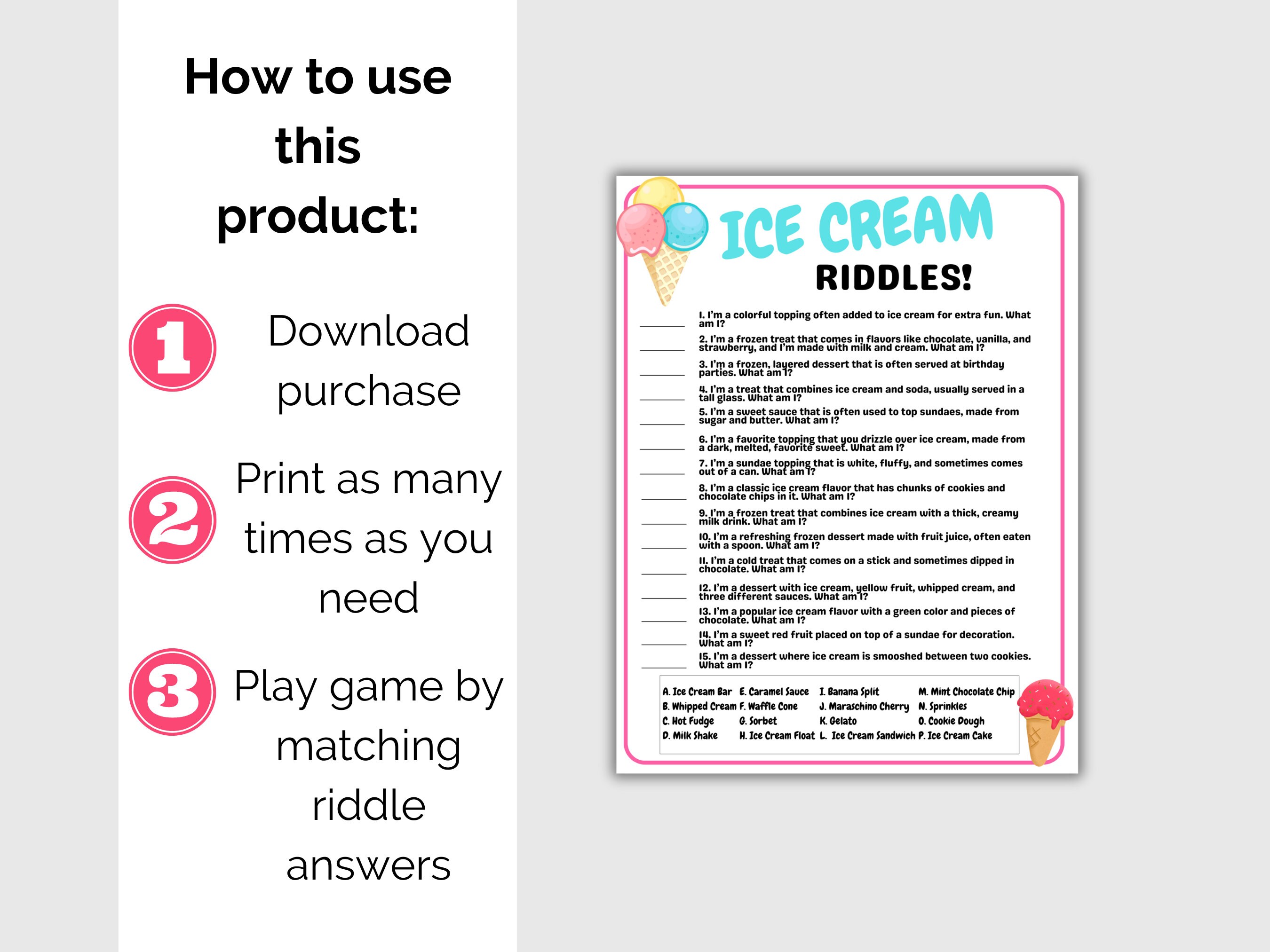 Ice Cream Riddles, Ice Cream Social Game, Ice Cream Birthday Activity ...