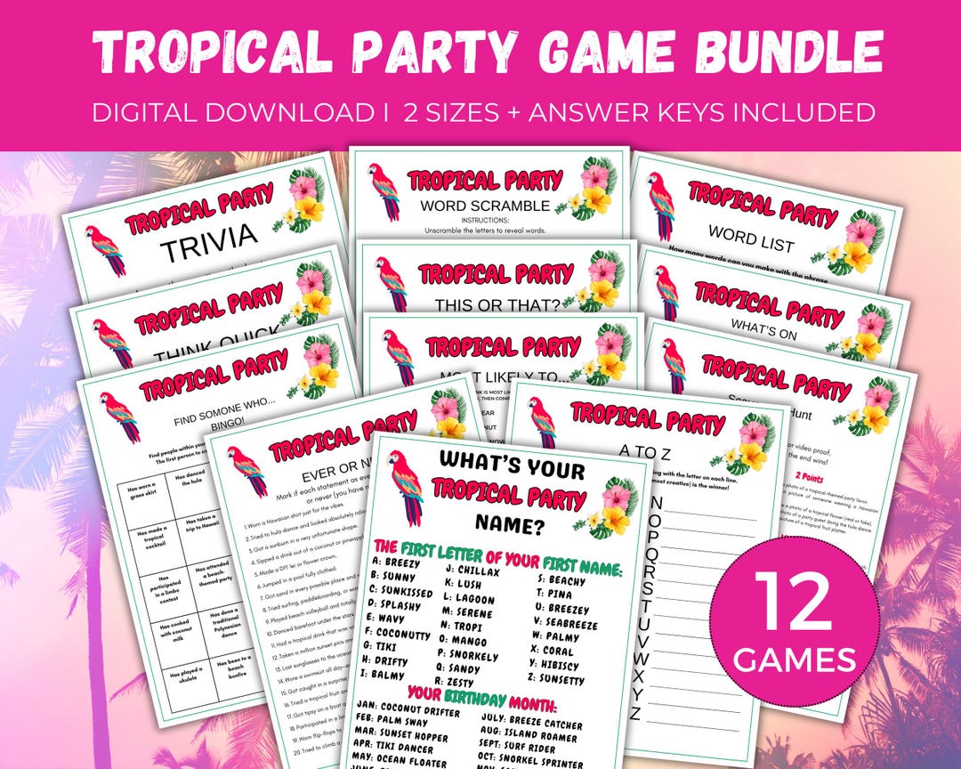 Tropical Party Game Bundle, 12 Printable Hawaiian Party Activities ...