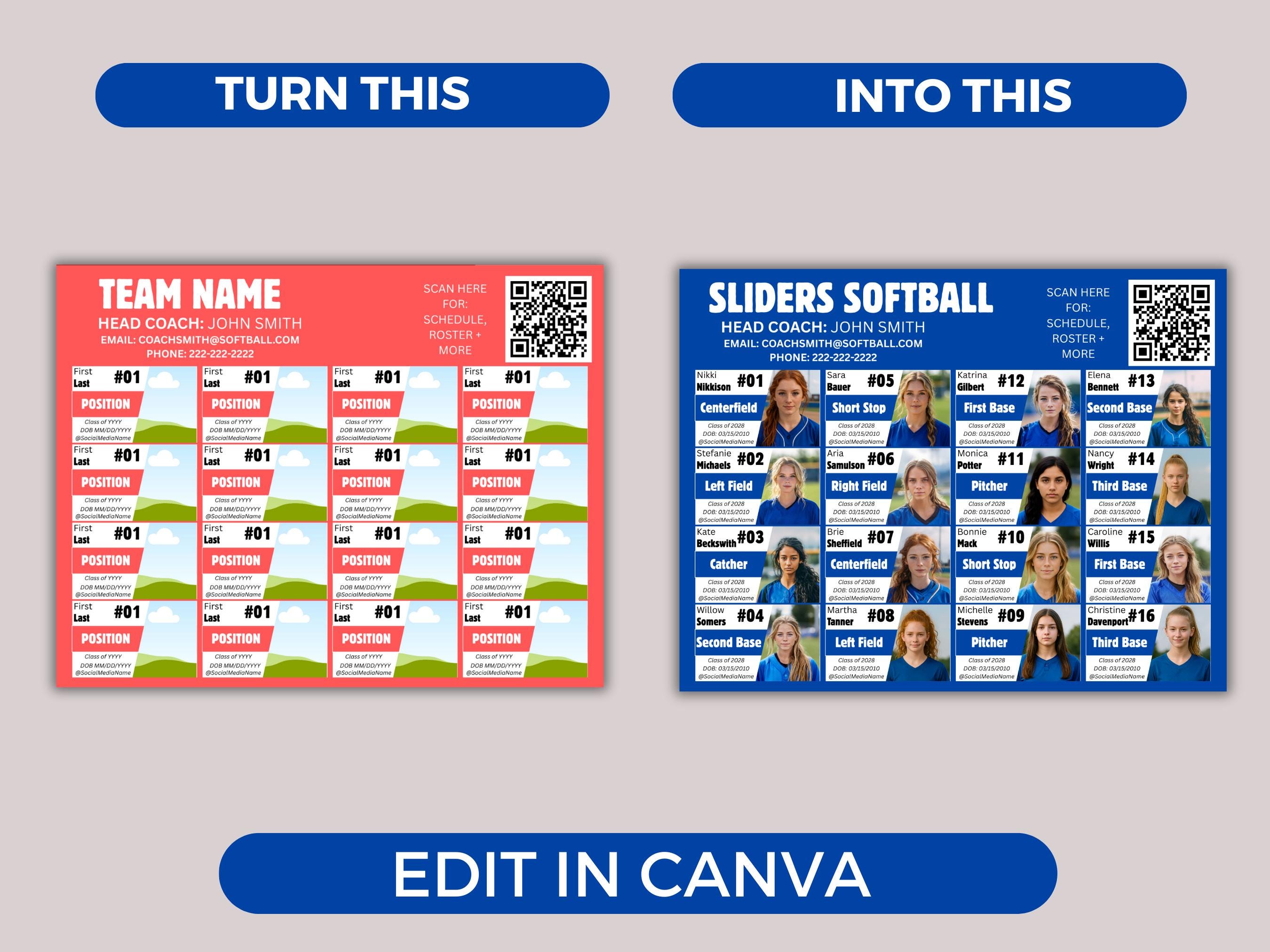 Editable 16 Player Team Roster Template, Customizable Travel Team ...