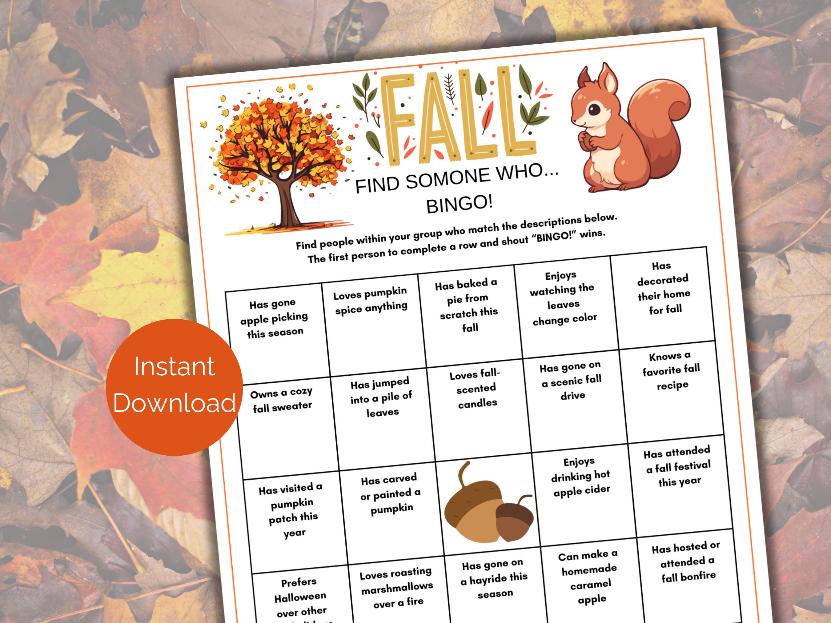 Fall Find Someone Who Game, Autumn Mix and Mingle Bingo Game, Fall Ice ...