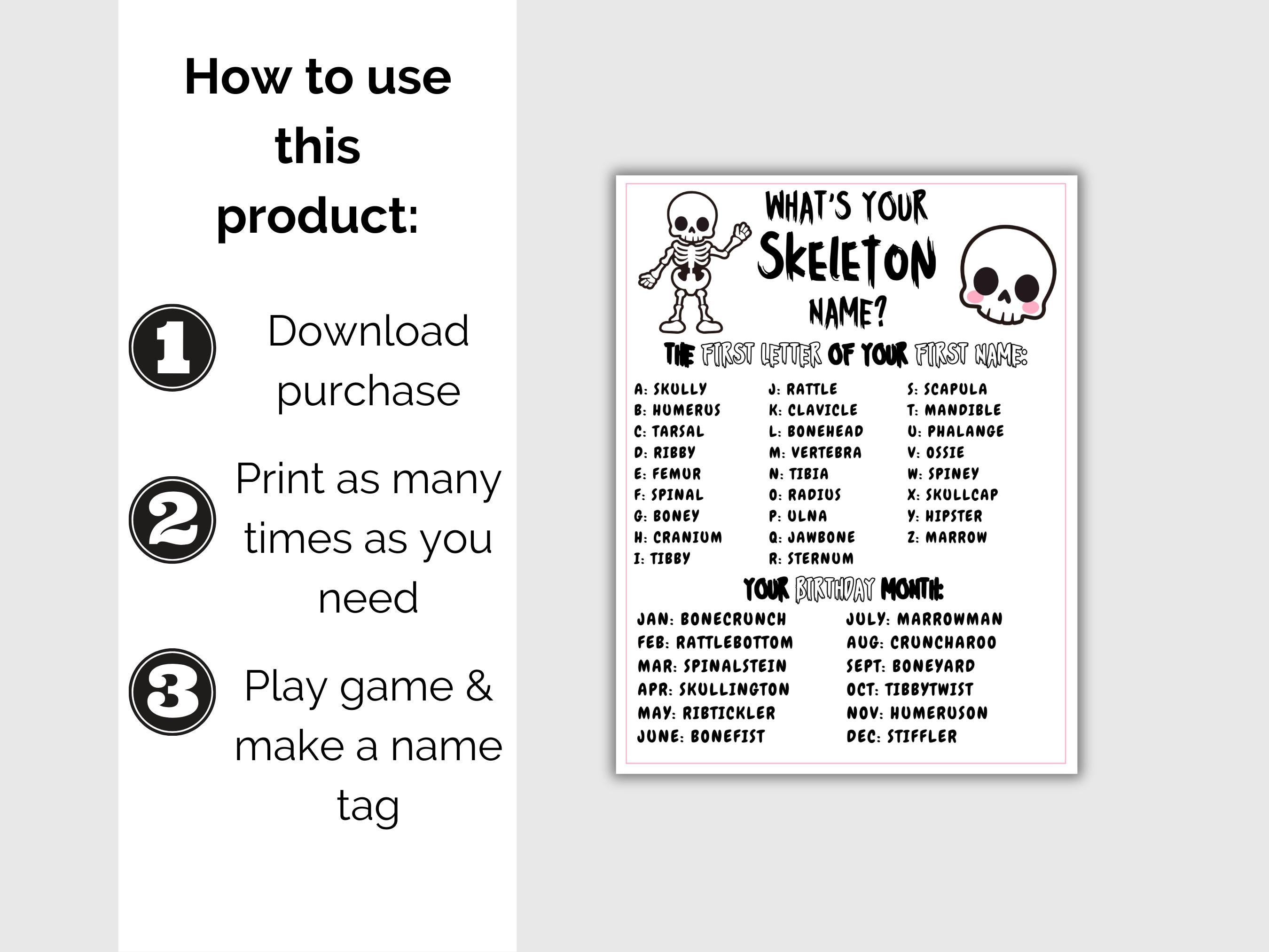 What's Your Skeleton Name Game + Name Tags, Printable Skeleton Party ...
