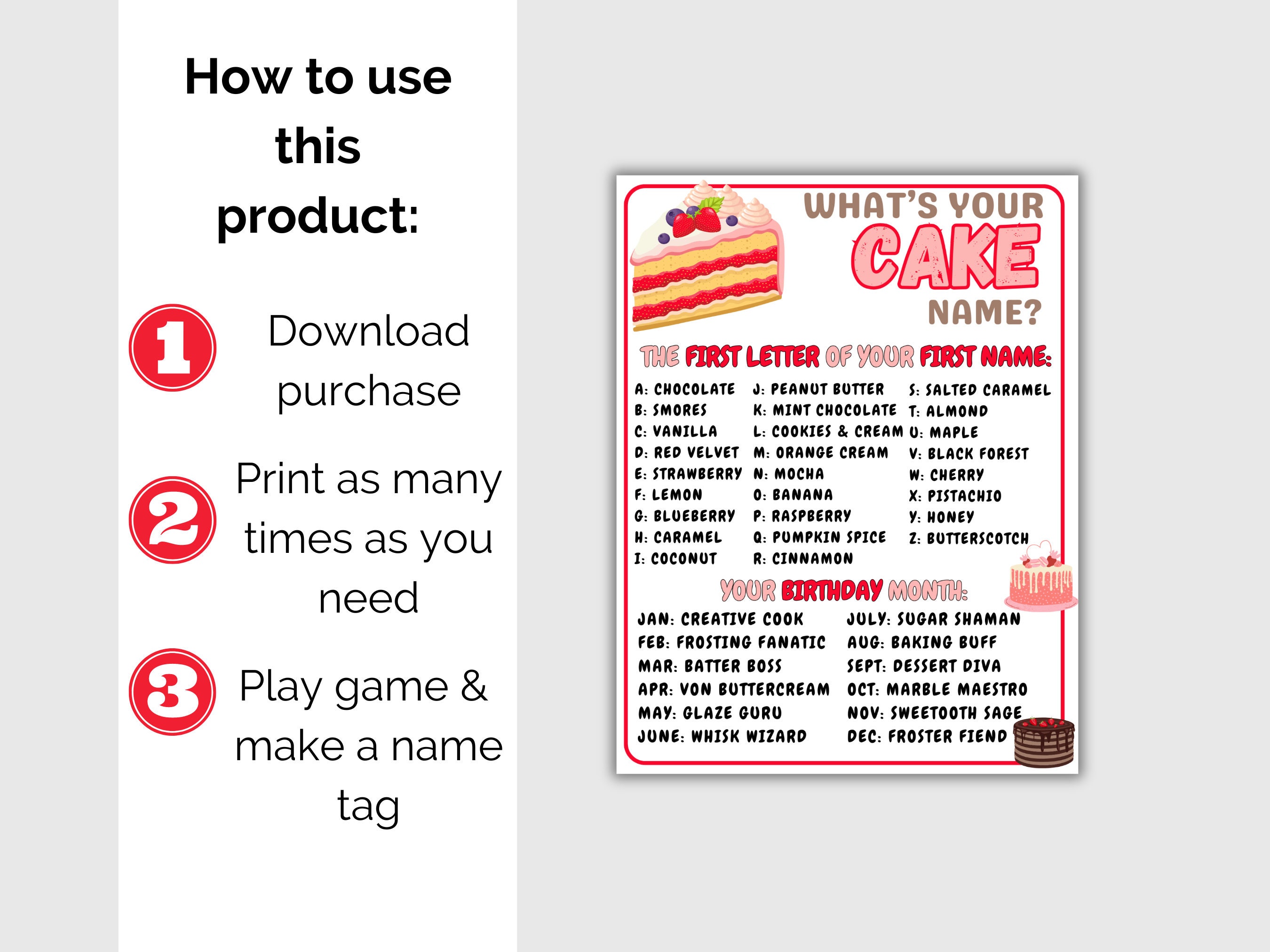 What's Your Cake Name Game + Name Tags, Cake Tasting Party, Cake ...