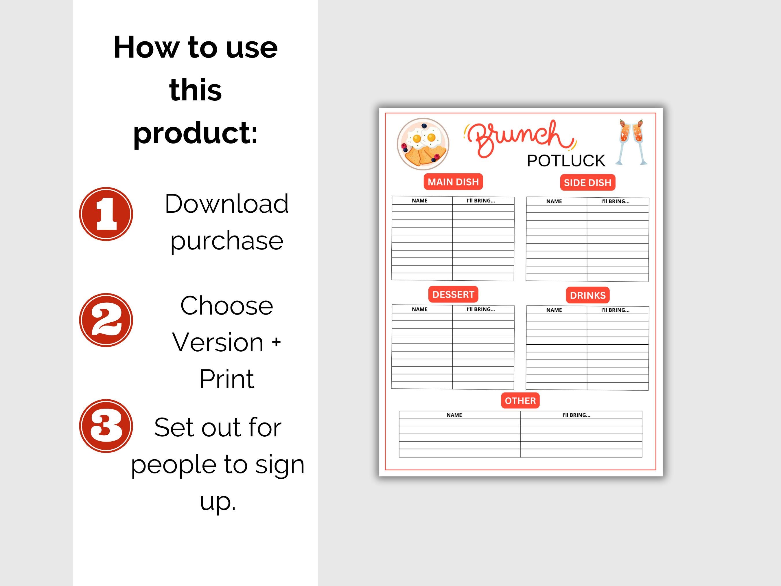 Brunch Potluck Sign up Sheet, Printable Brunch Party Potluck Sign up ...