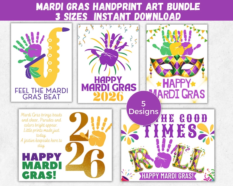 Mardi Gras Handprint Art Bundle, Happy Mardu Gras Handprint Craft for ...