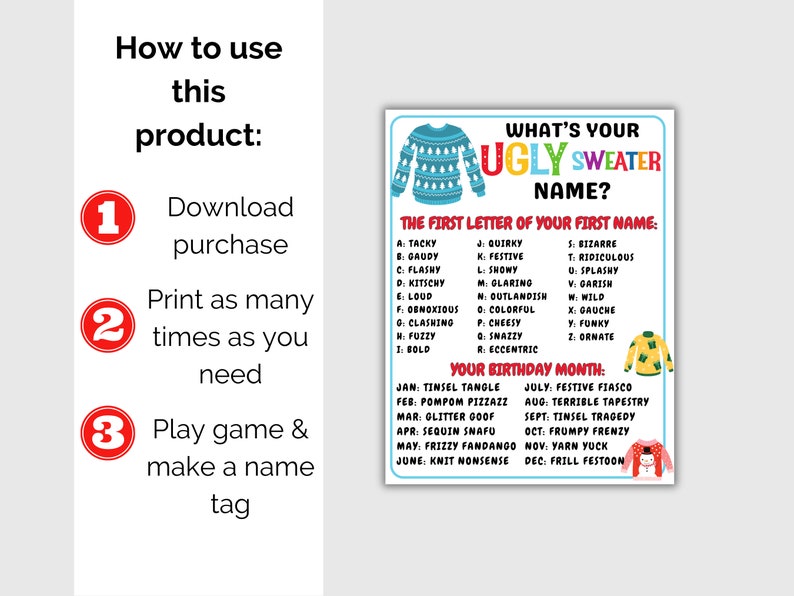 What's Your Ugly Sweater Name Game + Name Tags, Ugly Sweater Party Game ...