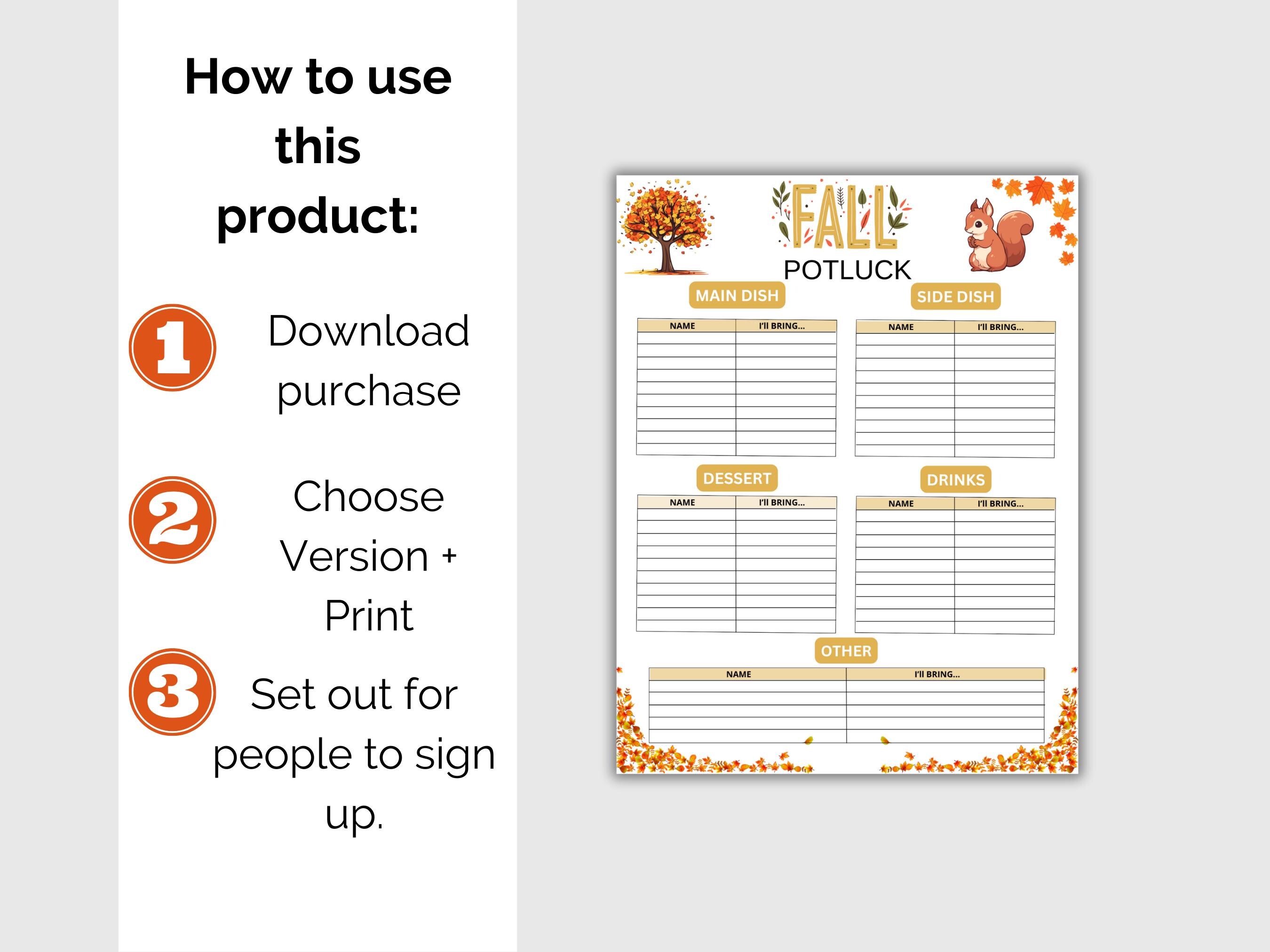 Fall Potluck Sign up Sheet, Printable Autumn Harvest Potluck Party Sign ...
