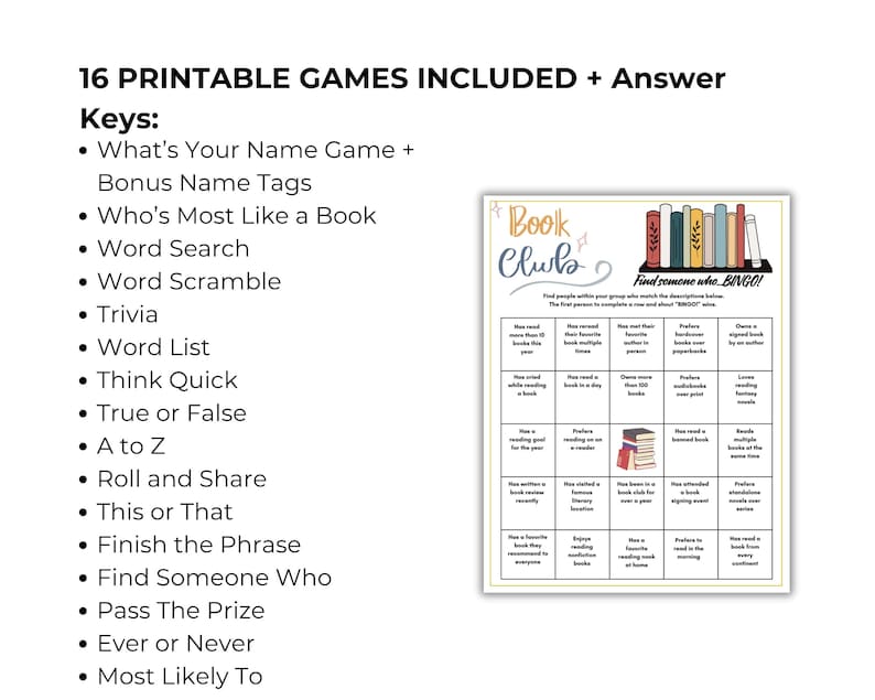 Book Club Game Bundle, 16 Printable Book Club Activities, Book Club ...