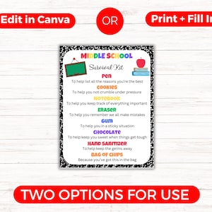Editable Middle School Survival Kit Gift Tags, Back to School Gift Tag ...