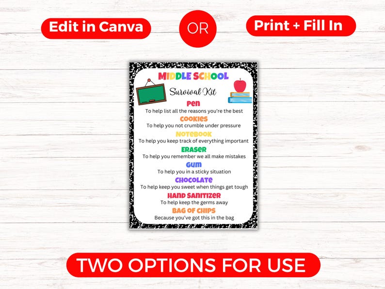Editable Middle School Survival Kit Gift Tags, Back to School Gift Tag ...