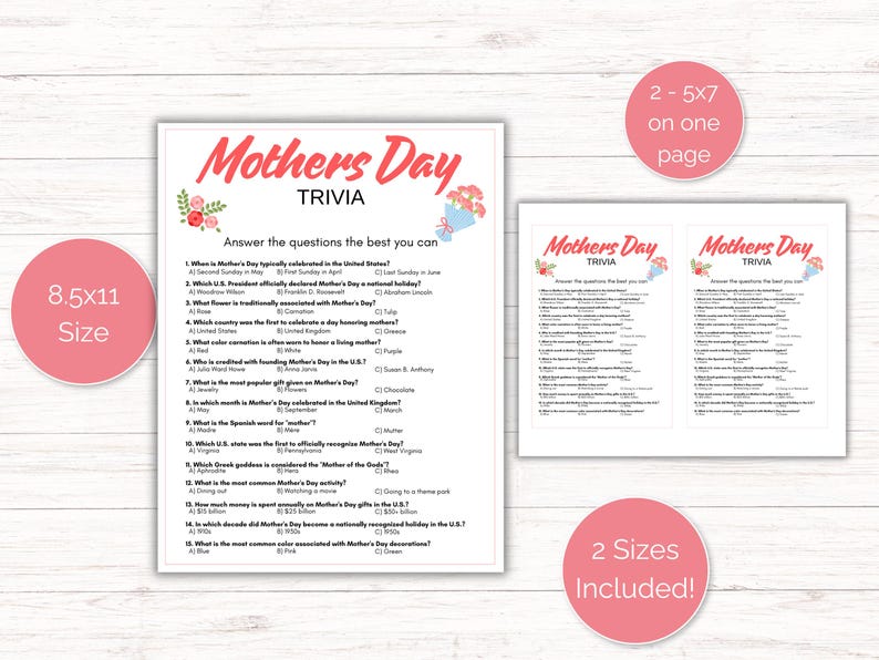 Mothers Day Trivia Game, Printable Mothers Day Quiz, Mothers Day Party ...
