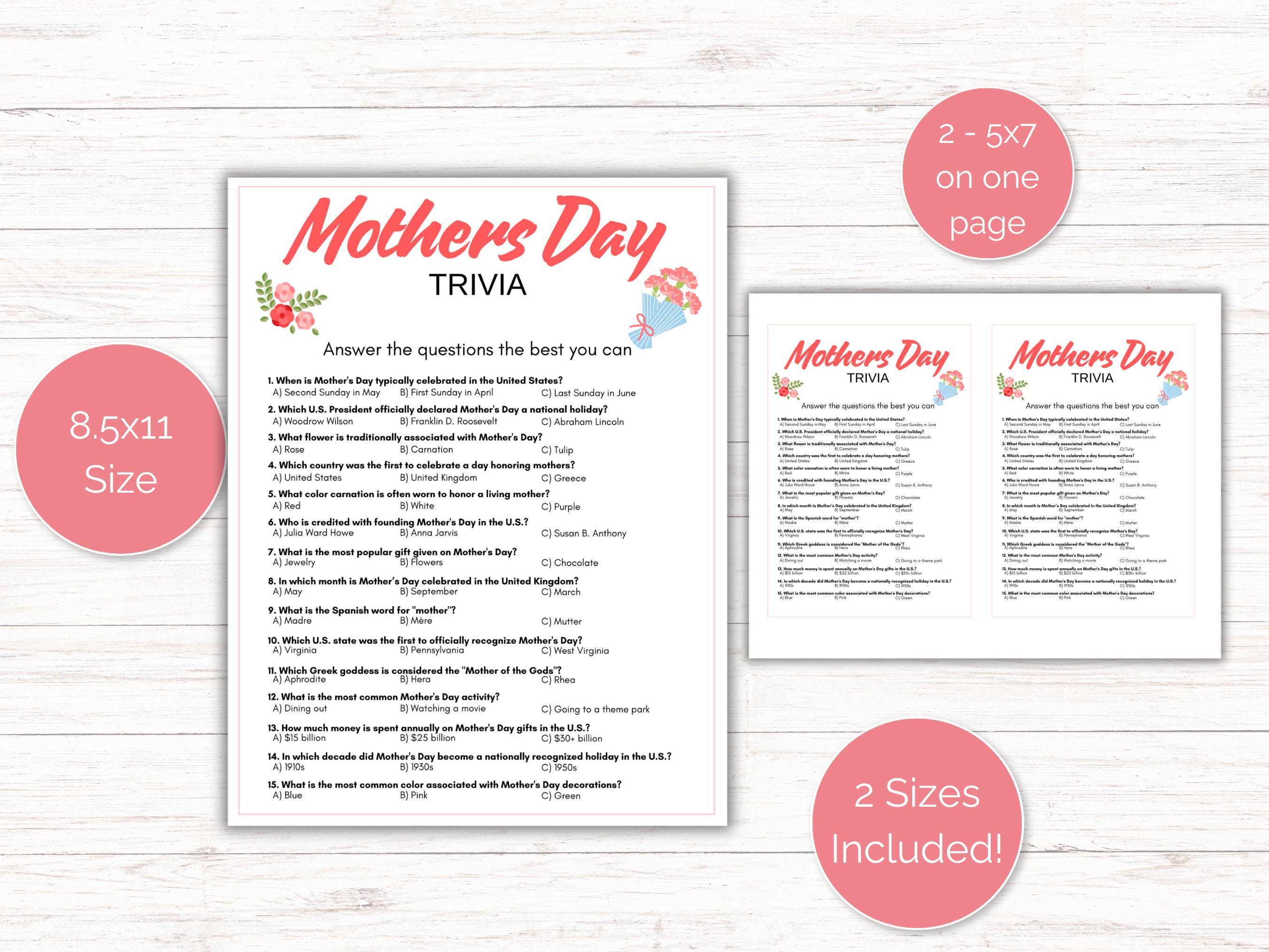 Mothers Day Trivia Game, Printable Mothers Day Quiz, Mothers Day Party ...