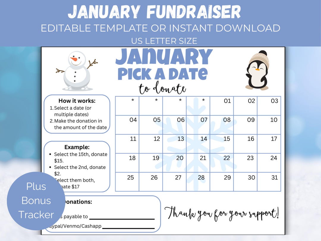 Editable January Pick A Date, January Fundraiser Calendar, Winter ...