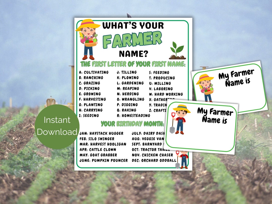 What's Your Farmer Name Game + Name Tags, Farm Birthday Games for Kids ...