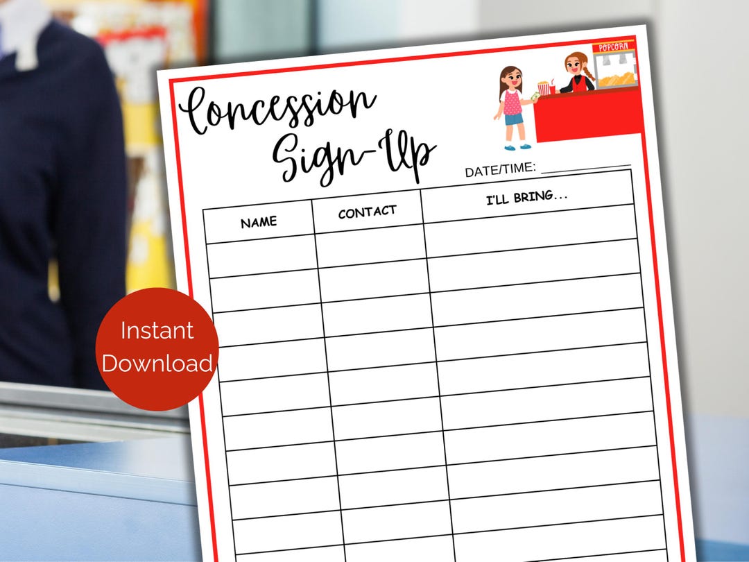 Concession Stand Sign up Sheet, Printable Concession Stand Schedule ...
