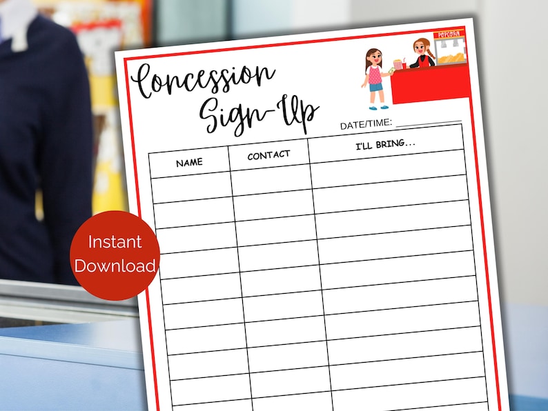Concession Stand Sign up Sheet, Printable Concession Stand Schedule ...
