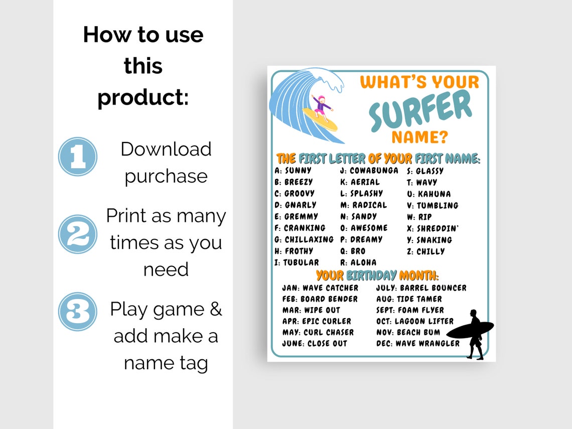 What's Your Surfer Name Game Name Tags, Surfing Party Activity, Surfing ...