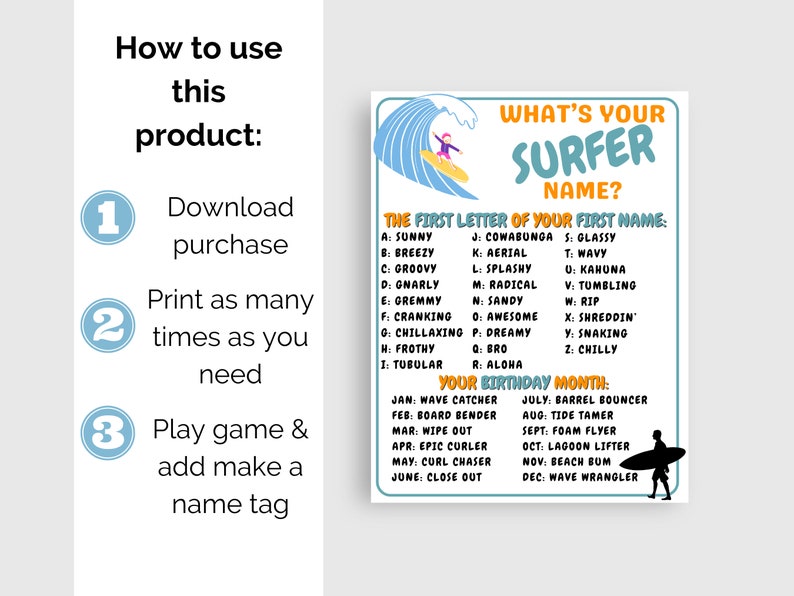 What's Your Surfer Name Game + Name Tags, Surfing Party Activity ...