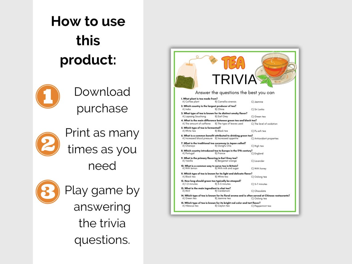 Tea Trivia Game, Tea Quiz, Printable Tea Game for Kids and Adults, Food ...
