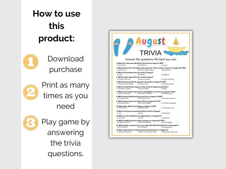 August Trivia Game, Summer Party Game, August Quiz, Summertime Activity ...