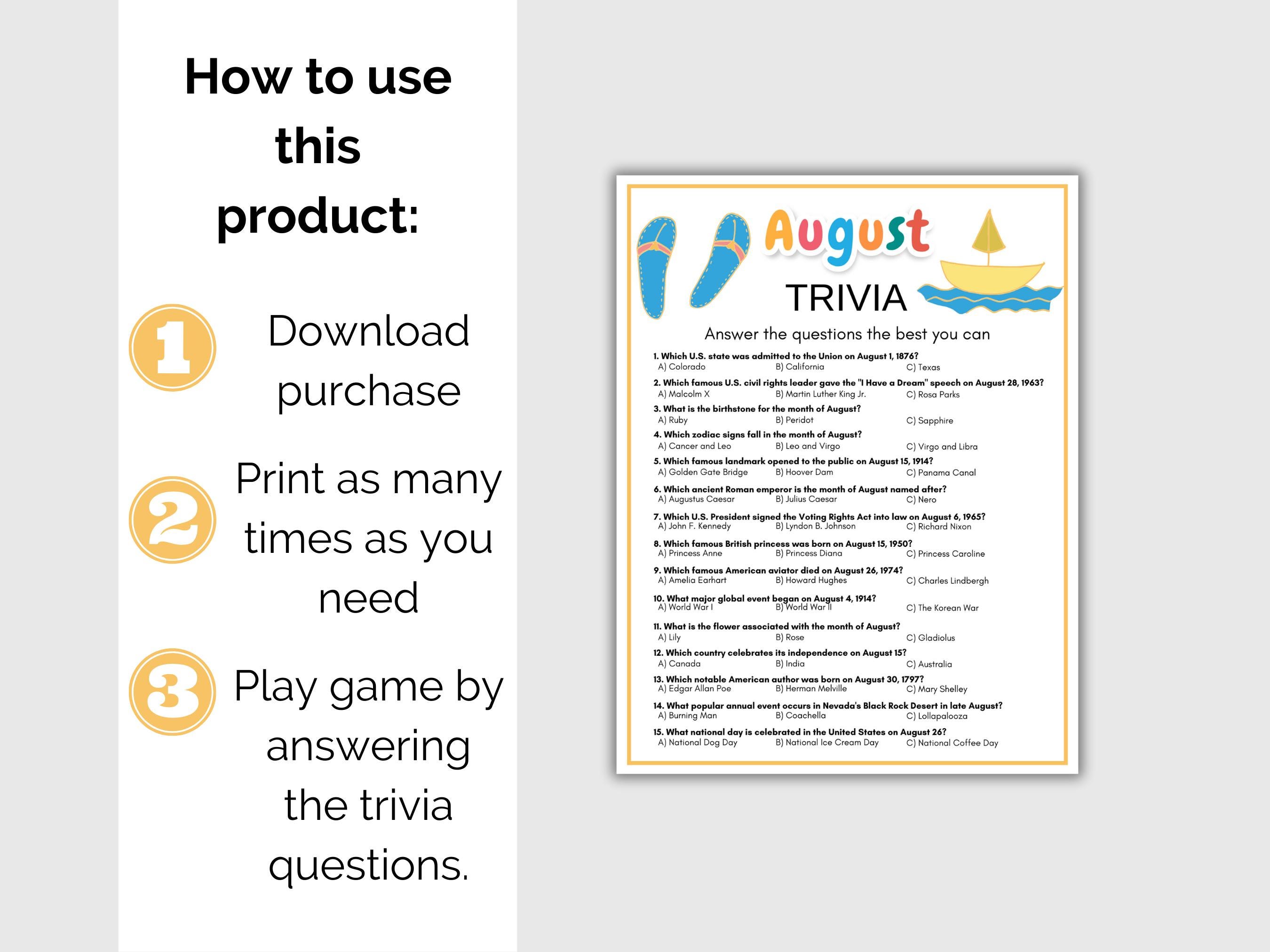August Trivia Game, Summer Party Game, August Quiz, Summertime Activity ...