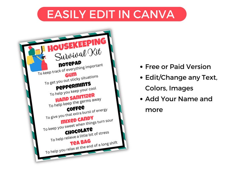Editable Housekeeper Survival Kit Gift Tags, Housekeeping Appreciation ...