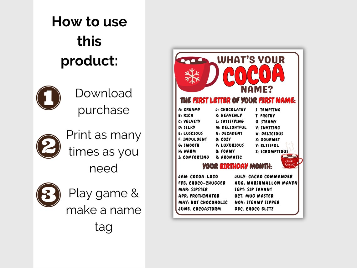 What's Your Cocoa Name Game + Name Tags, Hot Cocoa Bar, Hot Chocolate ...