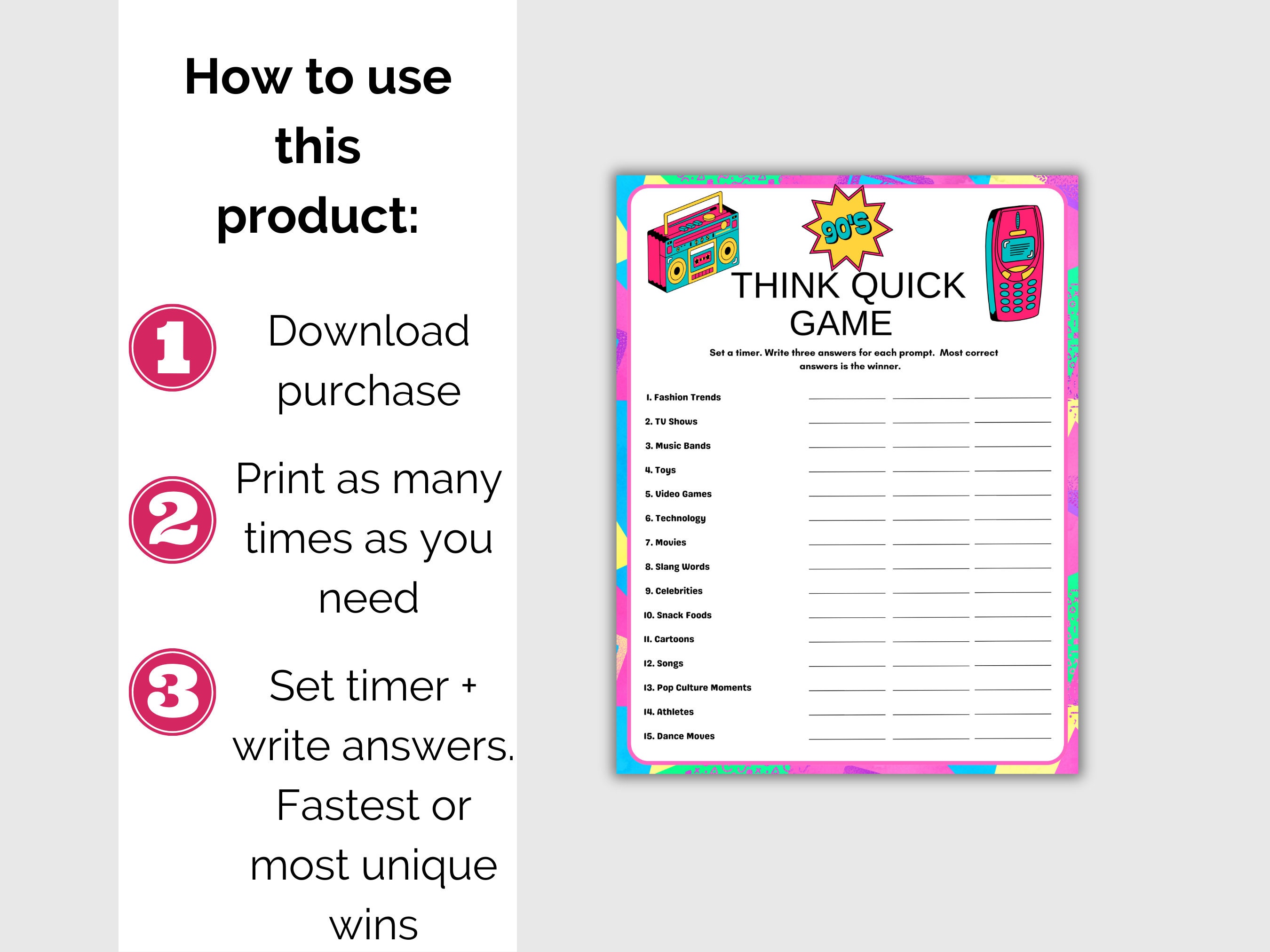 90s Thick Quick, 90s Themed Birthday Game, 1990s Printable Game, Back ...