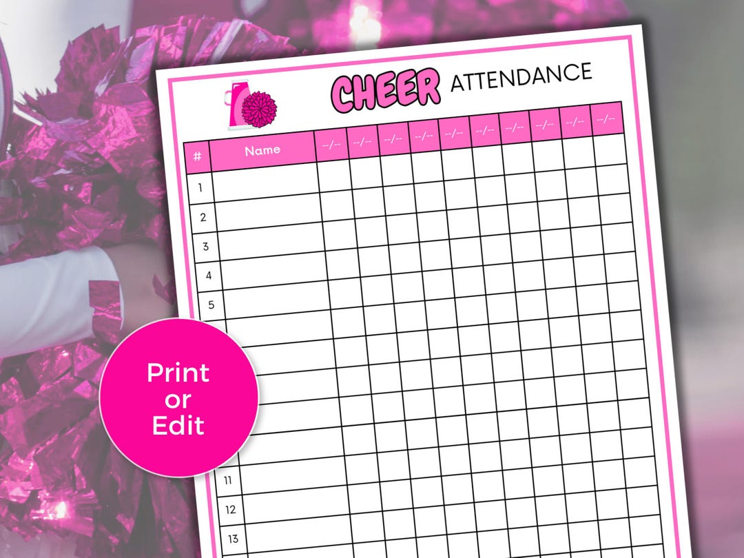 Cheerleading Attendance Sheet, Printable Cheer Season Attendance Log ...