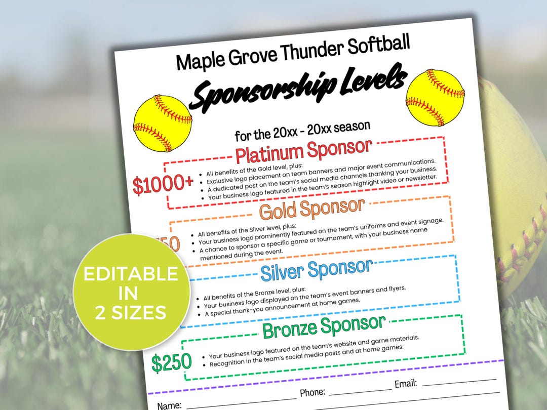 EDITABLE Softball Sponsorship Levels Flyer Template, Softball Sponsorship Form Template, Sponsor ...