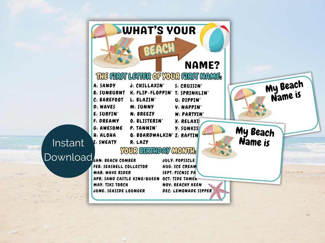 What's Your Beach Name Game + Name Tags, Beach Printable, Beach ...