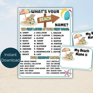 What's Your Beach Name Game + Name Tags, Beach Printable, Beach ...