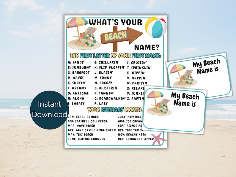 What's Your Beach Name Game + Name Tags, Beach Printable, Beach ...