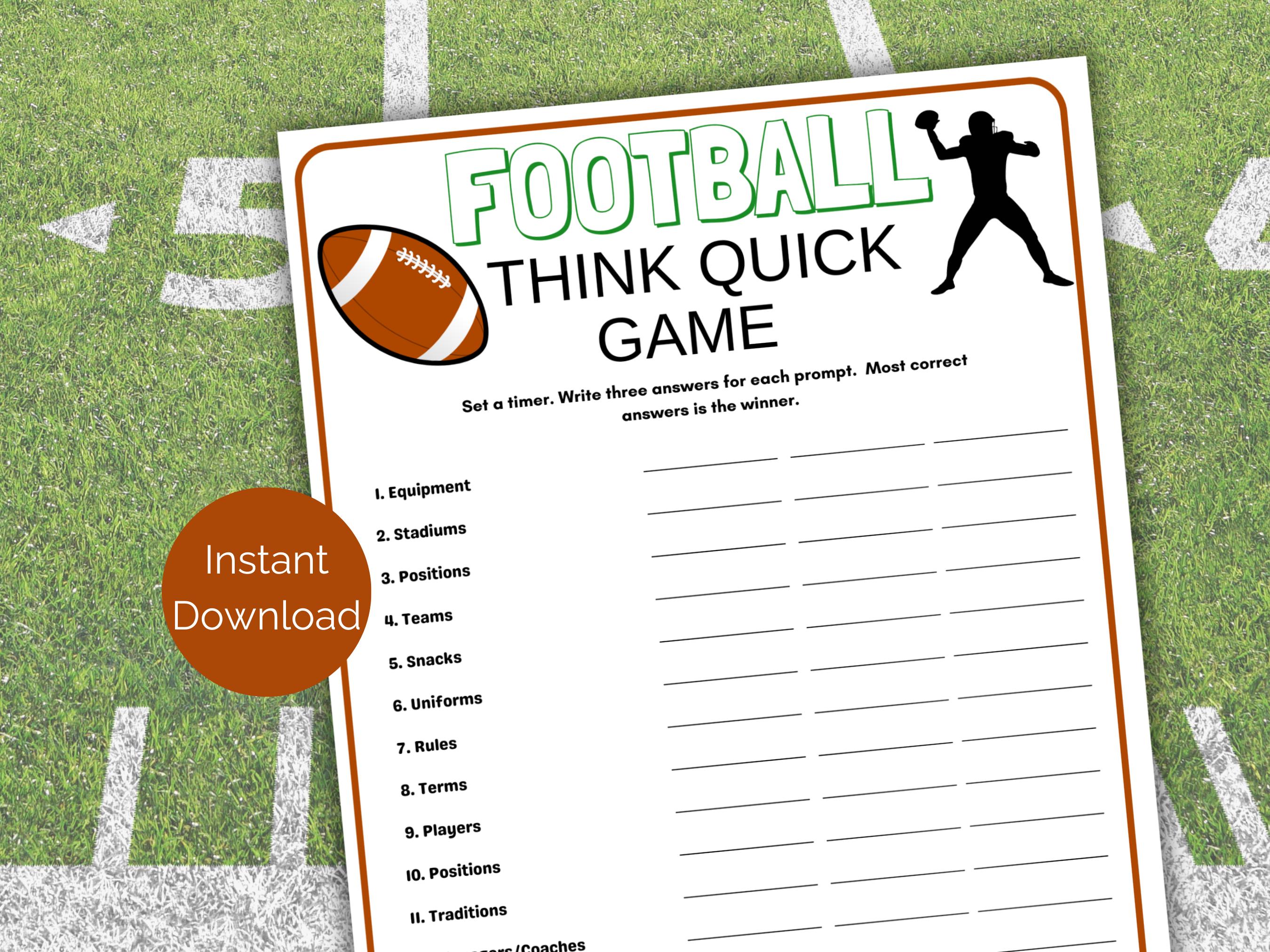 Football Think Quick, Football Party Game, Tailgate Party Activity ...