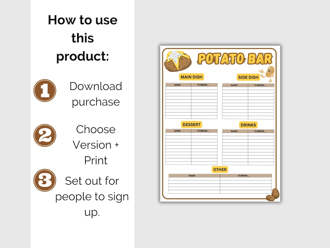 Baked Potato Potluck Sign up Sheet, Printable Baked Potato Potluck ...