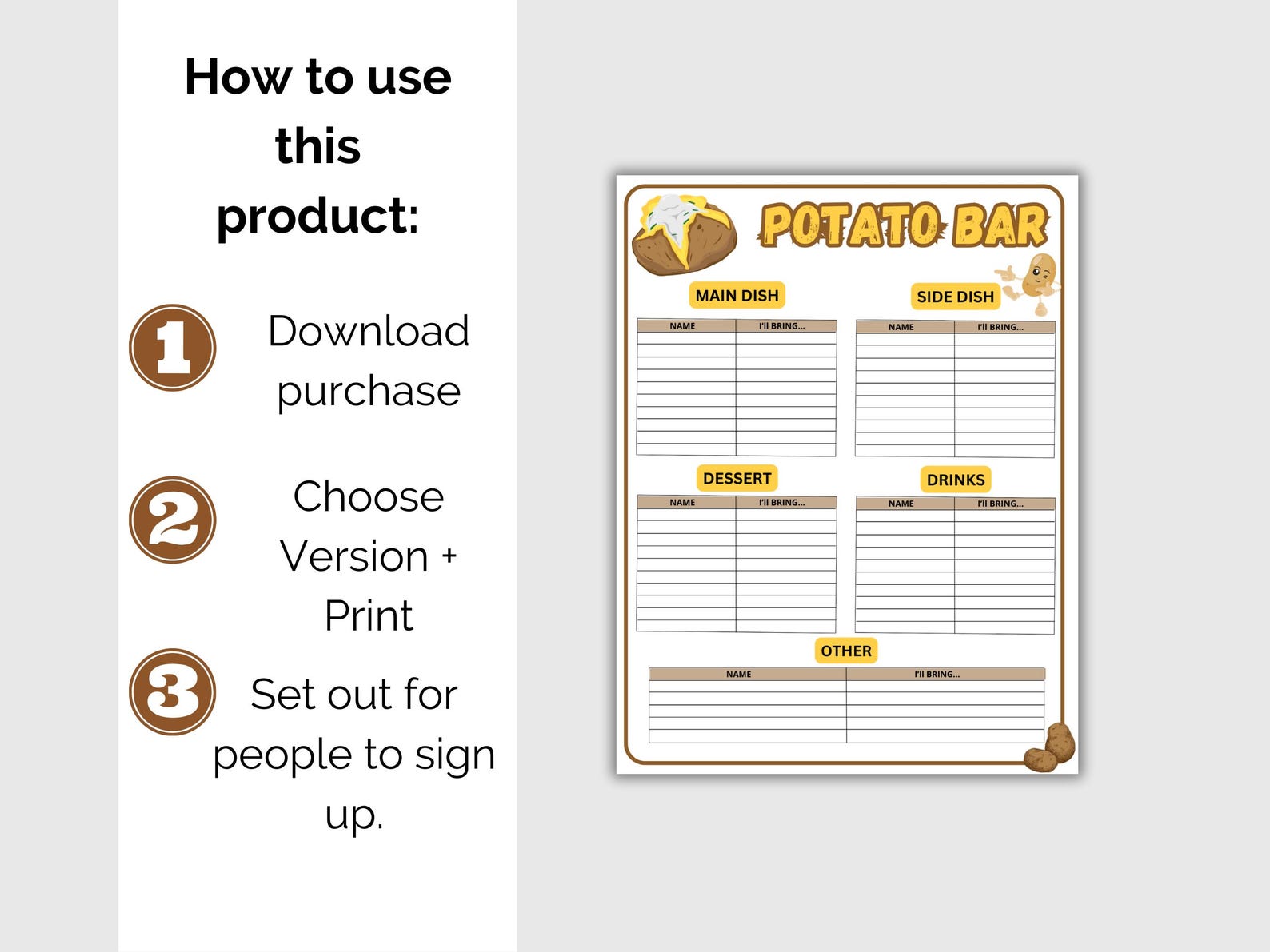 Baked Potato Potluck Sign up Sheet, Printable Baked Potato Potluck ...