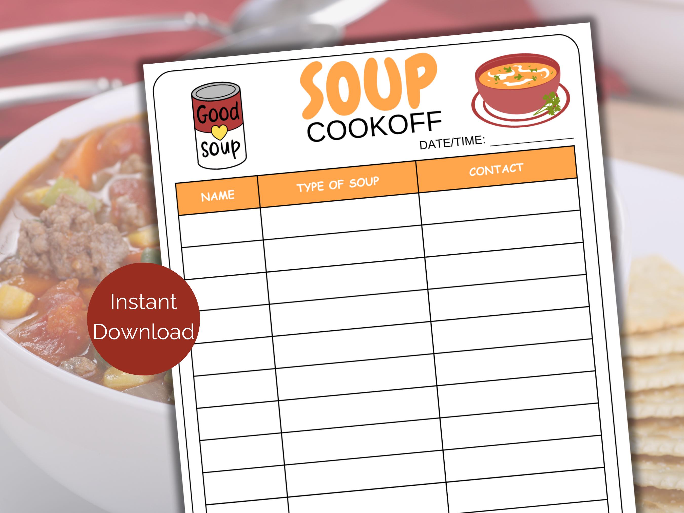 Soup Cook-off Sign up Sheet, Printable Soup Potluck Sign up Form, Soup ...