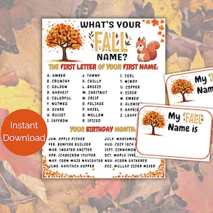 What's Your Fall Name Game + Name Tags, Fall Party Game, Autumn ...