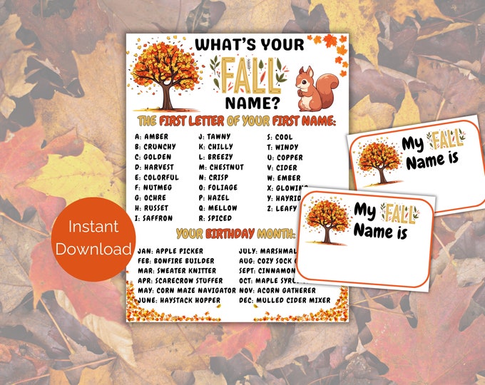 What's Your Fall Name Game + Name Tags, Fall Party Game, Autumn ...