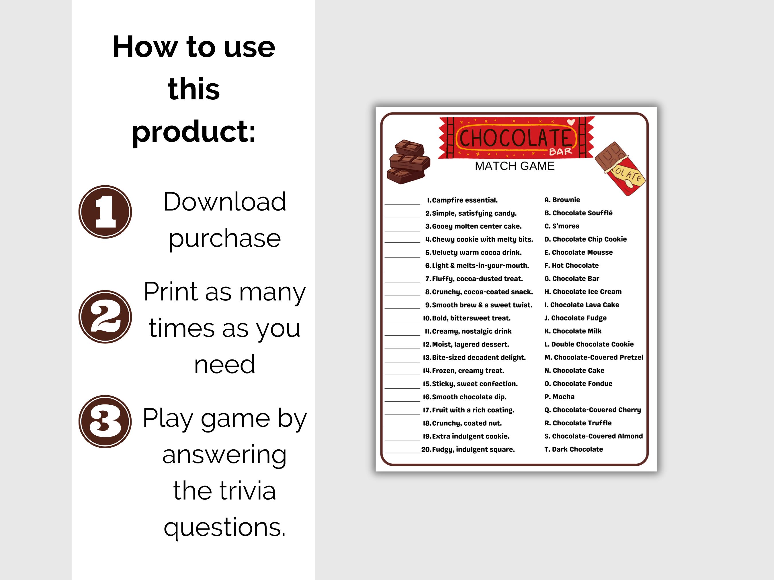 Chocolate Match Game, Printable Chocolate Party Quiz, Chocolate Matchup ...