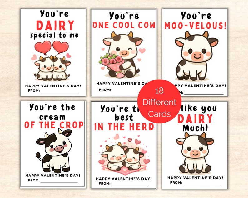Cow Valentine Cards, 18 Printable Cow Valentines for Kids, Funny School ...