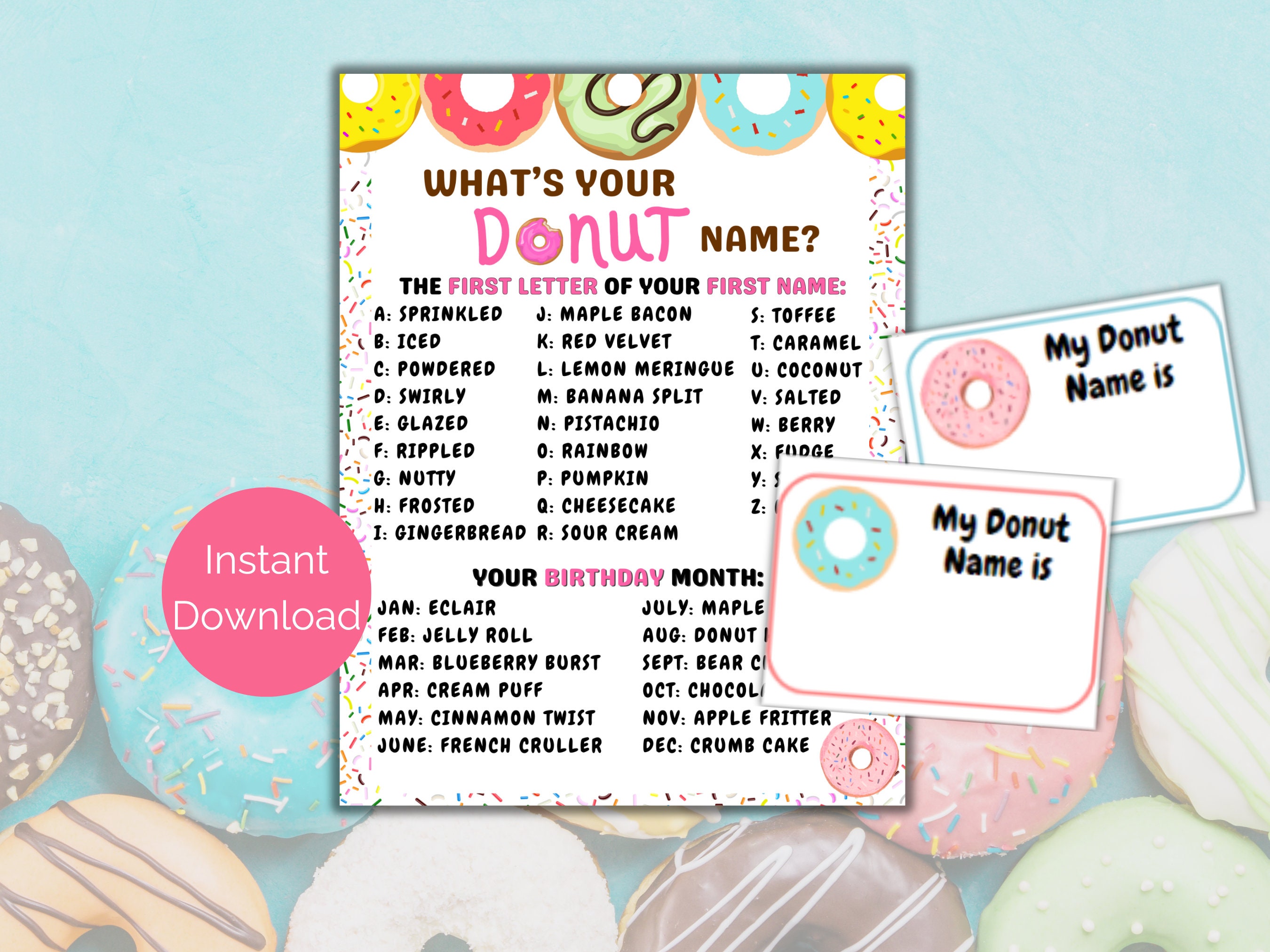 What's Your Donut Name Game + Name Tags, Donut Party Game, Donut ...