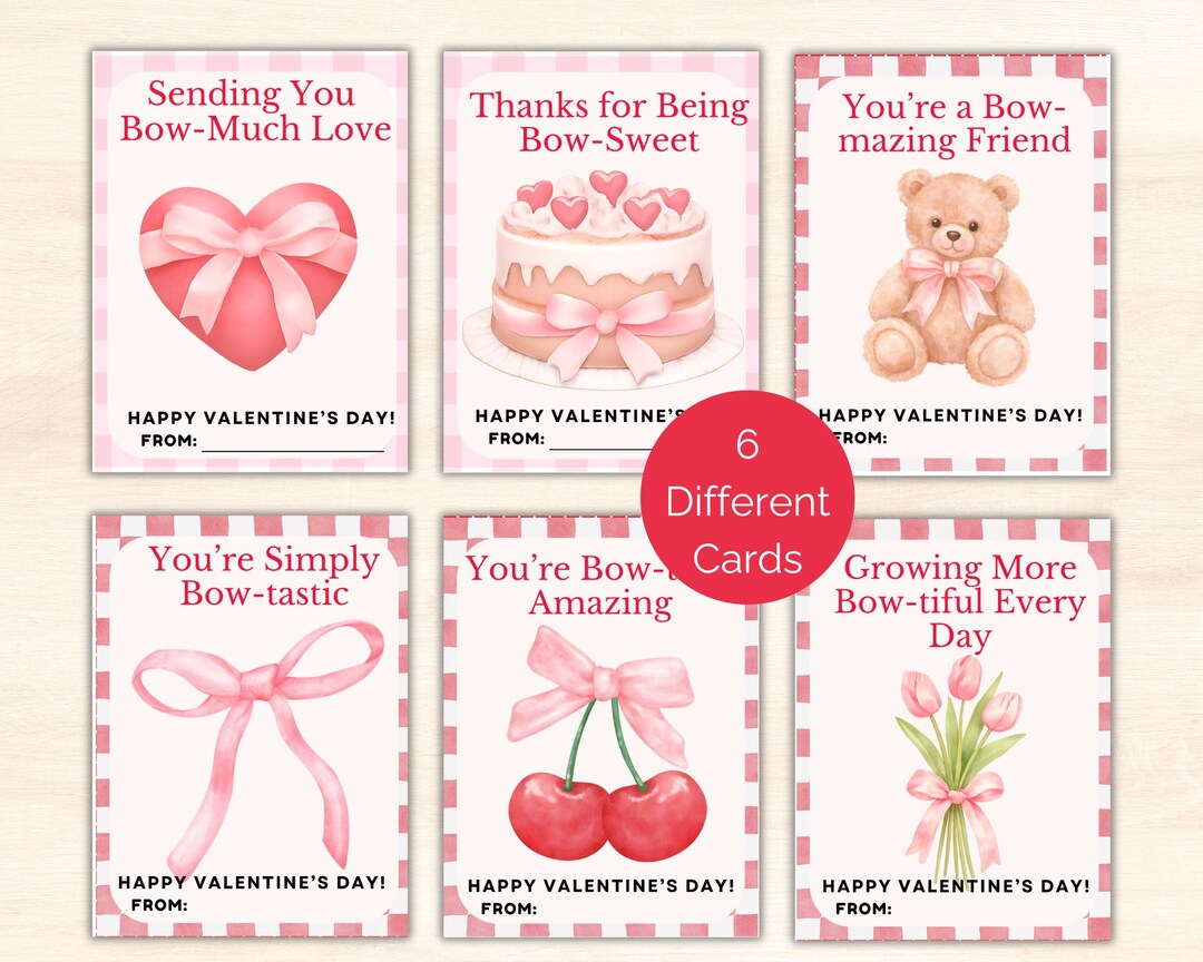 Coquette Valentine Cards, 6 Printable Pink Bow Valentines for Kids ...