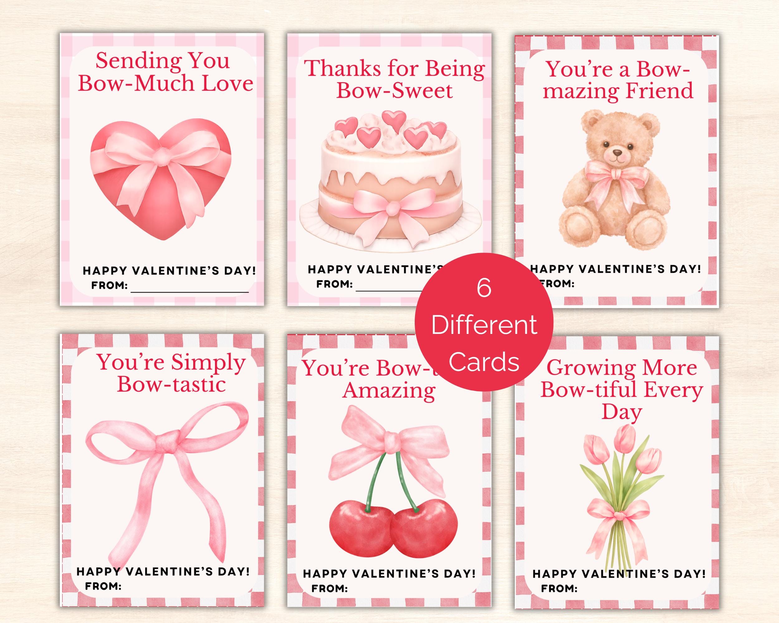 Coquette Valentine Cards, 6 Printable Pink Bow Valentines for Kids ...