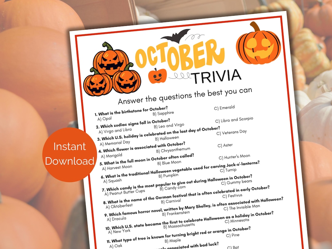 October Trivia Game, October Quiz, Fall Party Games for Kids or Adults ...